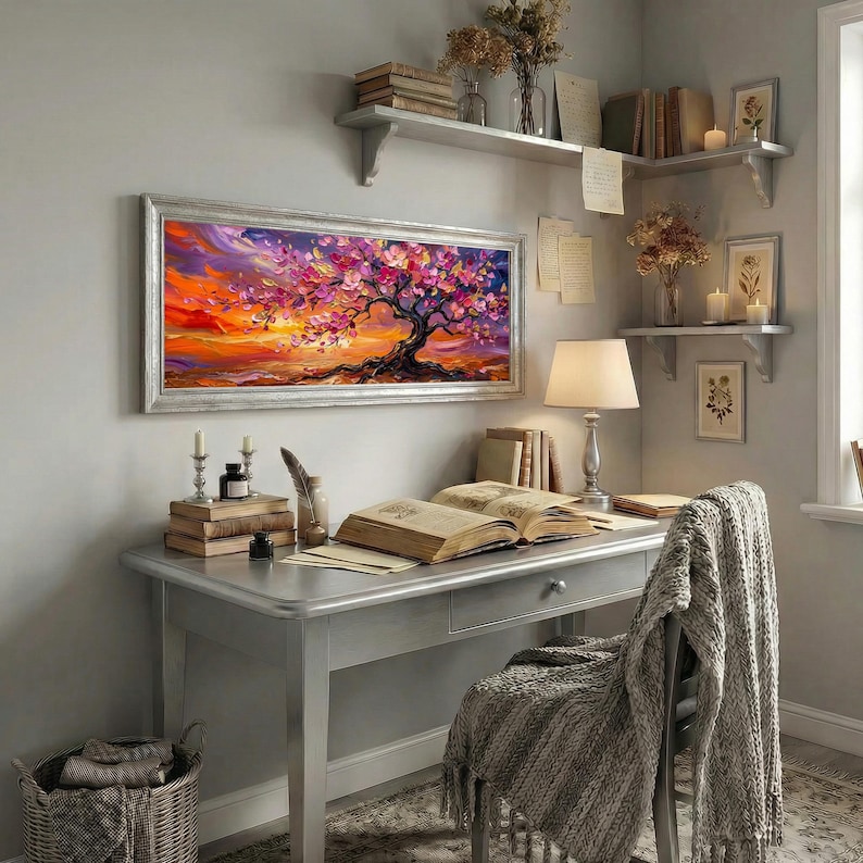 Romantic Sunset Blossom Tree Canvas Wall Art, Palette Knife Texture ...