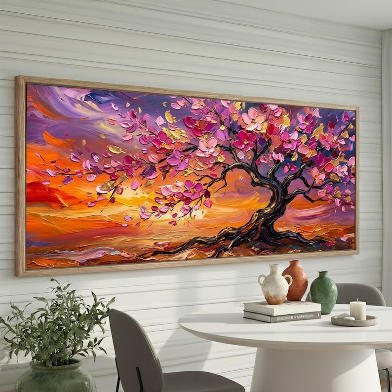 Romantic Sunset Blossom Tree Canvas Wall Art, Palette Knife Texture ...