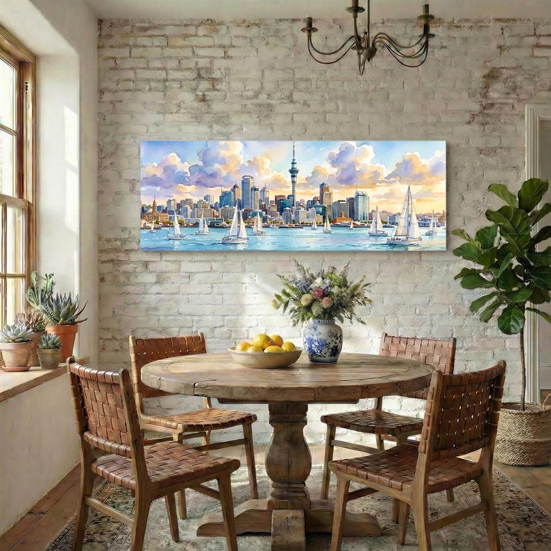 Auckland Skyline Watercolor Canvas Wall Art, Sky Tower Harbor Sailboats ...
