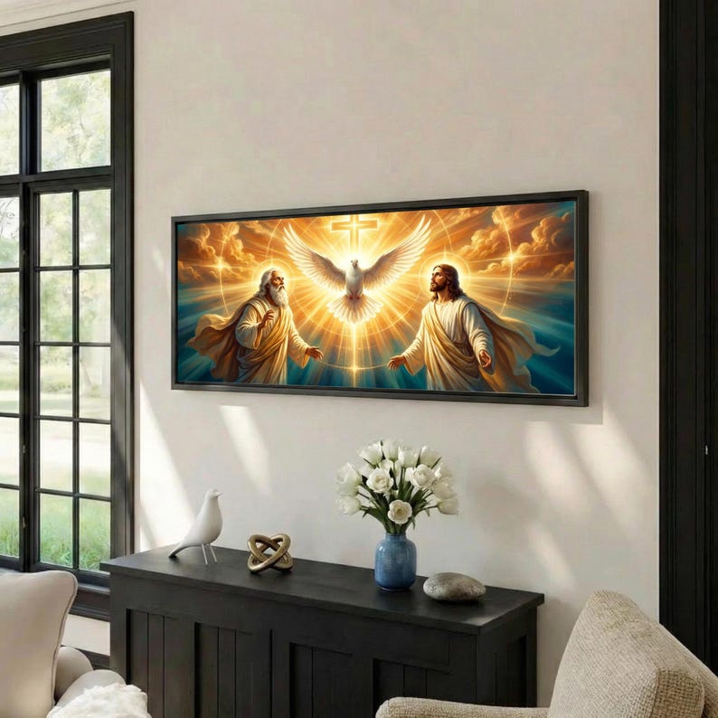 Holy Trinity Canvas Wall Art With Jesus, God Father & Holy Spirit Dove ...