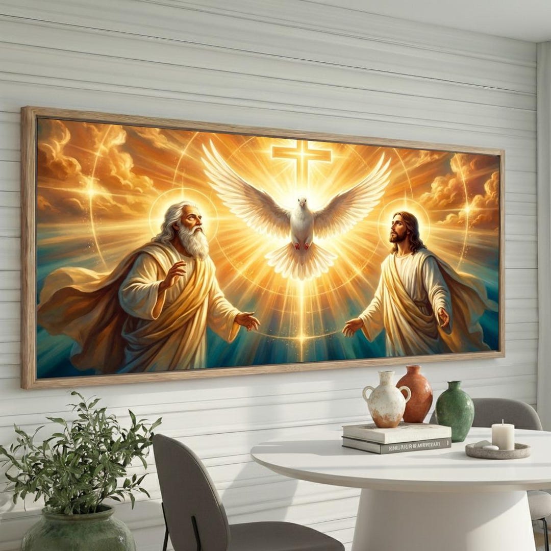 Holy Trinity Canvas Wall Art With Jesus, God Father & Holy Spirit Dove ...
