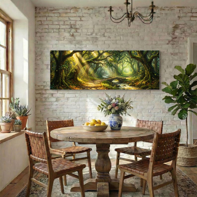 Sunbeam Forest Canvas Wall Art, Tree Tunnel Landscape With Stone Bridge ...