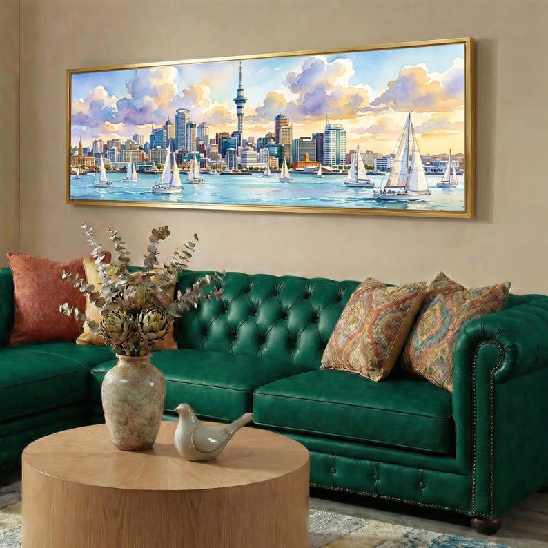 Auckland Skyline Watercolor Canvas Wall Art, Sky Tower Harbor Sailboats ...