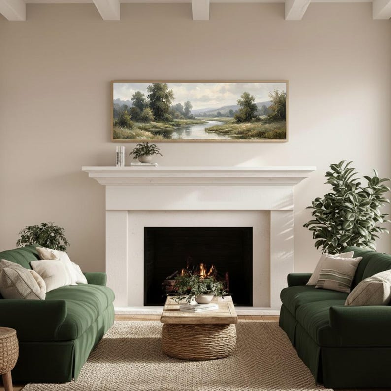 Neutral River Canvas Wall Art, Misty Forest Landscape, Panoramic Wide ...