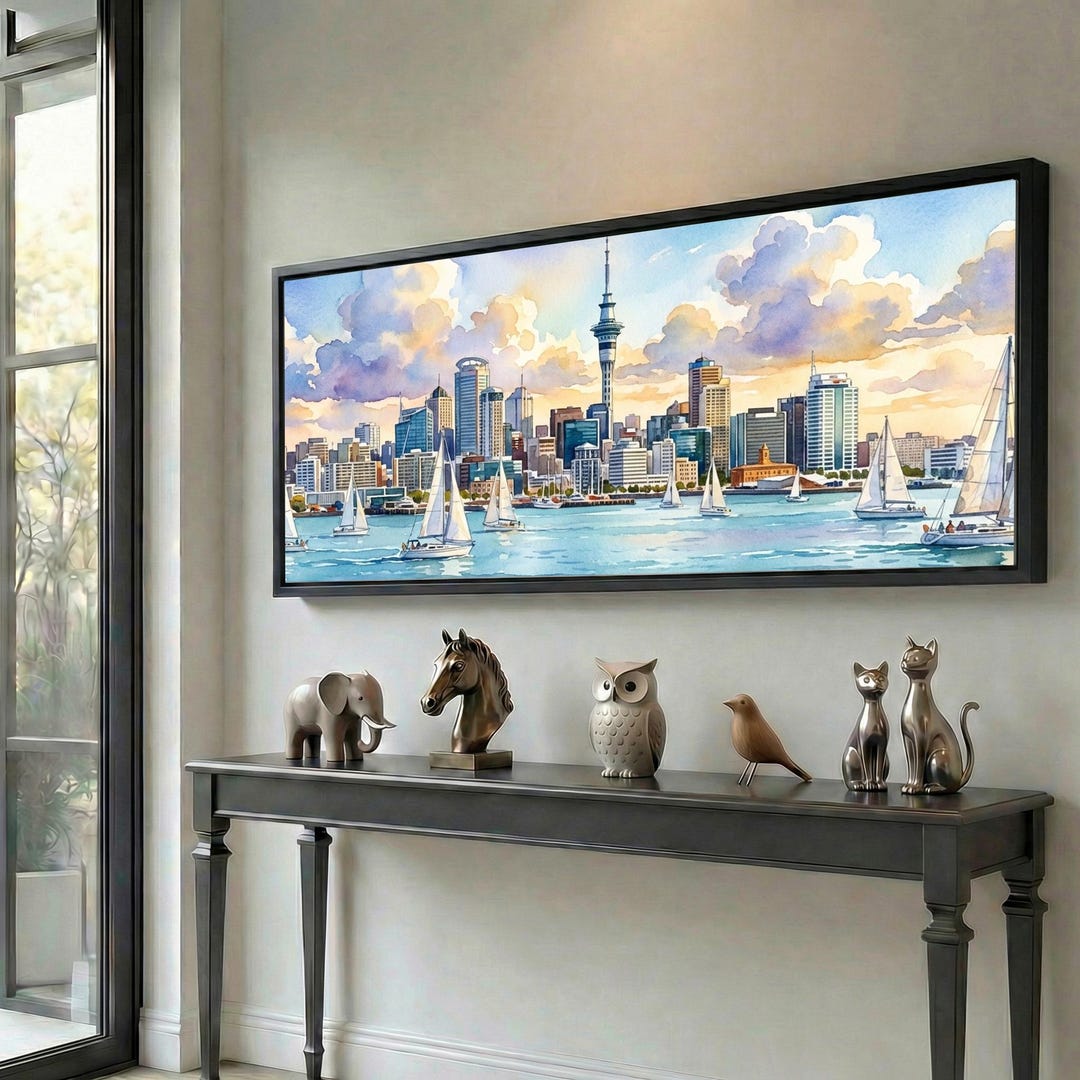 Auckland Skyline Watercolor Canvas Wall Art, Sky Tower Harbor Sailboats ...