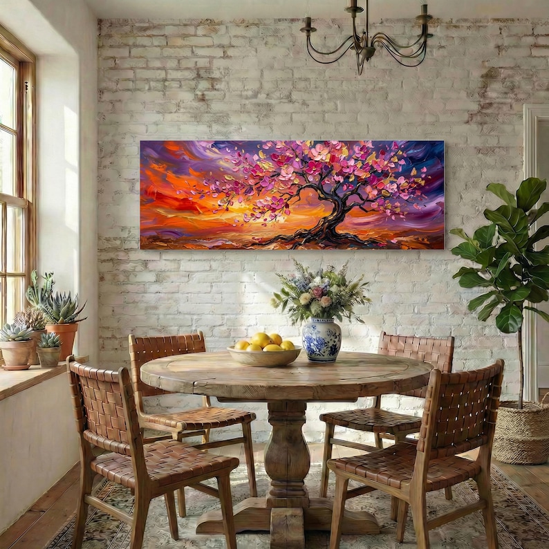 Romantic Sunset Blossom Tree Canvas Wall Art, Palette Knife Texture ...