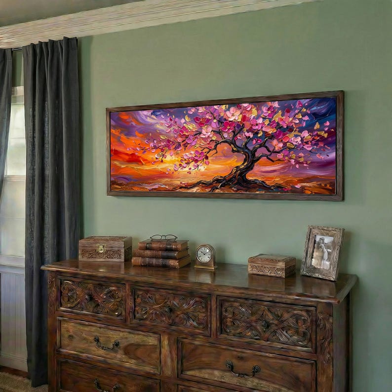 Romantic Sunset Blossom Tree Canvas Wall Art, Palette Knife Texture ...