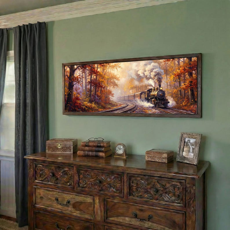 Steam Train Canvas Wall Art, Autumn Forest Panoramic Landscape, Rustic ...