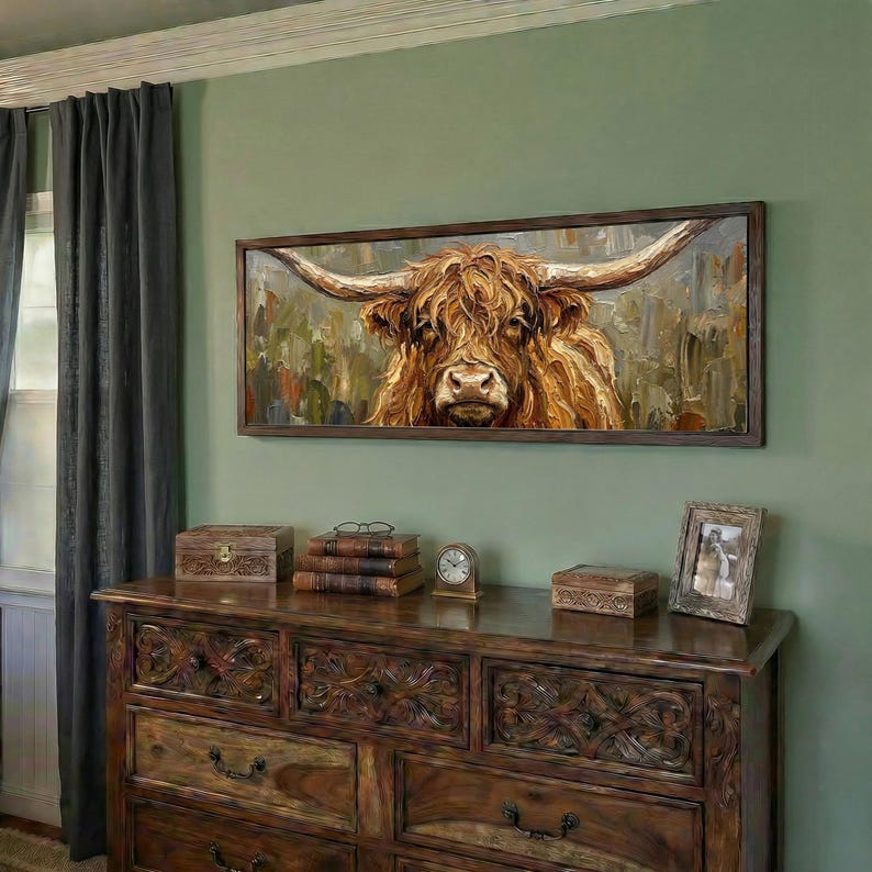 Shaggy Highland Cow Canvas, Cow Portrait Canvas Wall Art, Rustic Cow ...