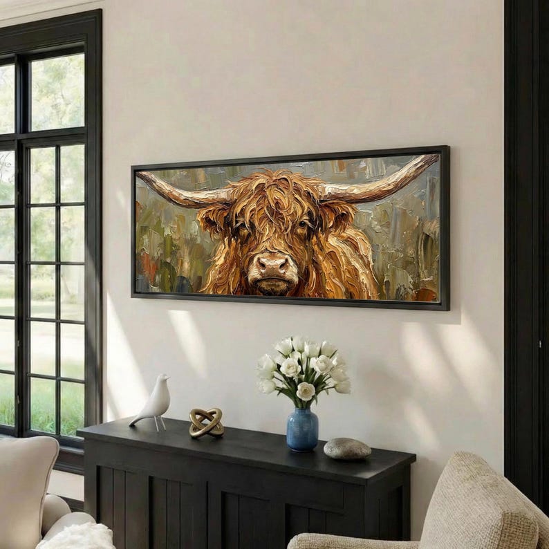 Shaggy Highland Cow Canvas, Cow Portrait Canvas Wall Art, Rustic Cow ...