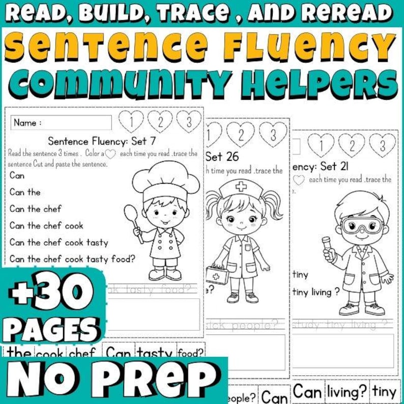 Community Helpers Reading Fluency Worksheets | Read Trace Color Cut ...