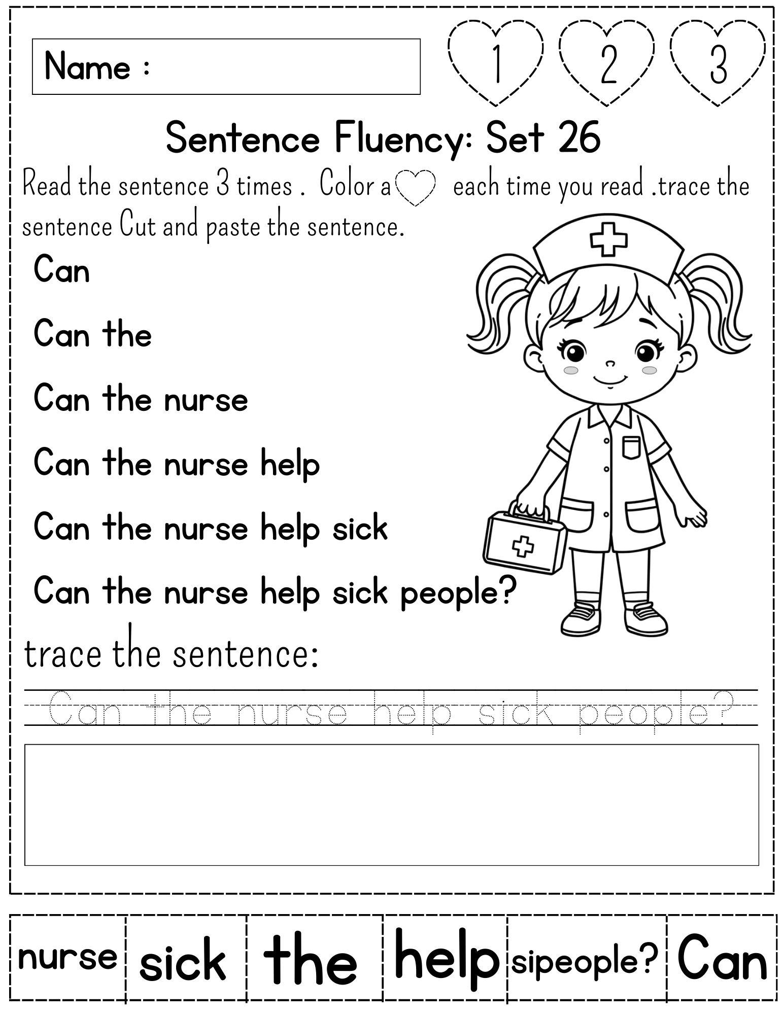 Community Helpers Reading Fluency Worksheets | Read Trace Color Cut ...