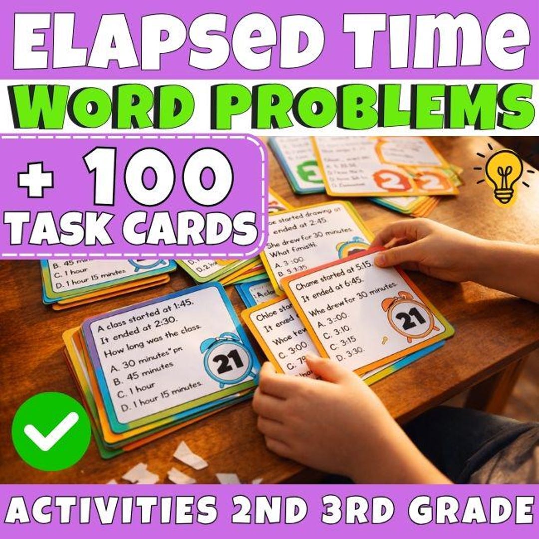 Elapsed Time Task Cards | 100 Telling Time Cards | Hour, Half & Quarter ...