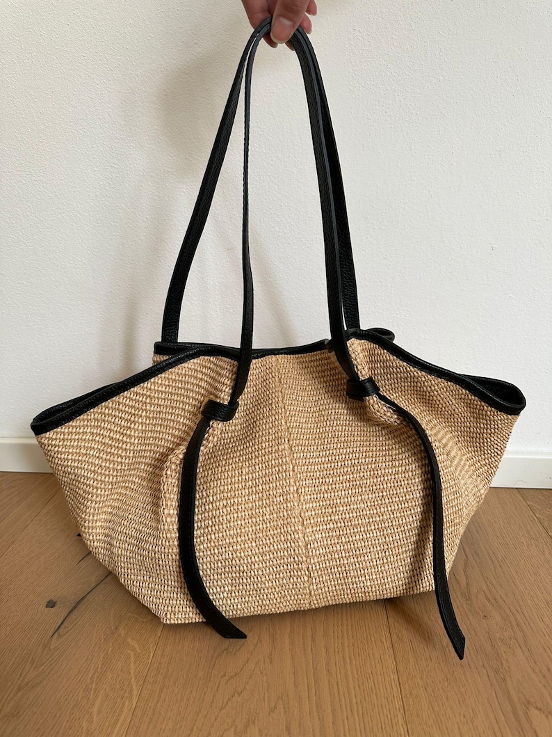 Shoulder Tote Bag in Genuine Leather and Raffia, Italian Tote Bag, Made ...