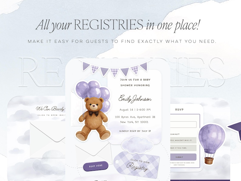 Purple Lavender Bear Baby Shower Website Invitation (digital Download ...