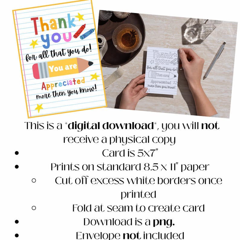 Thank You Teacher Appreciation Card / 5x7 / Digital Download - Etsy