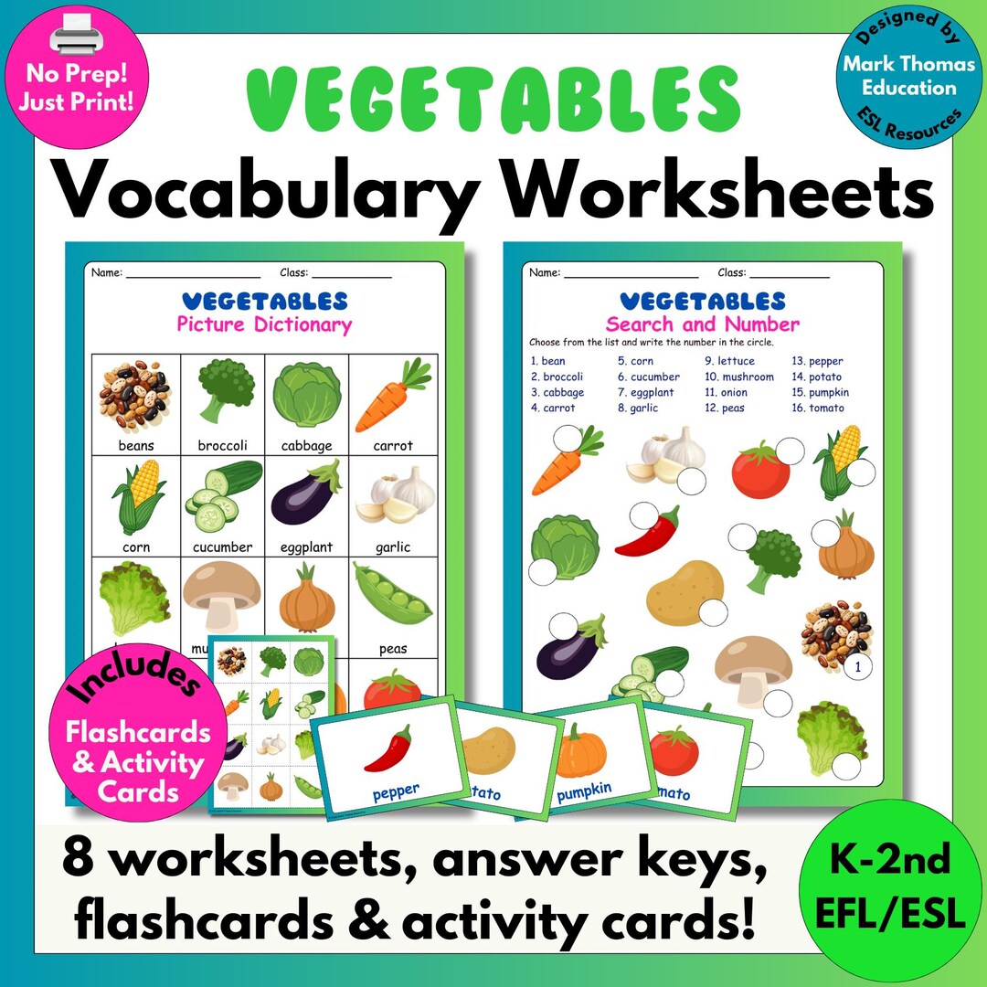 Hojas de vocabulario de verduras con tarjetas didácticas y de ...