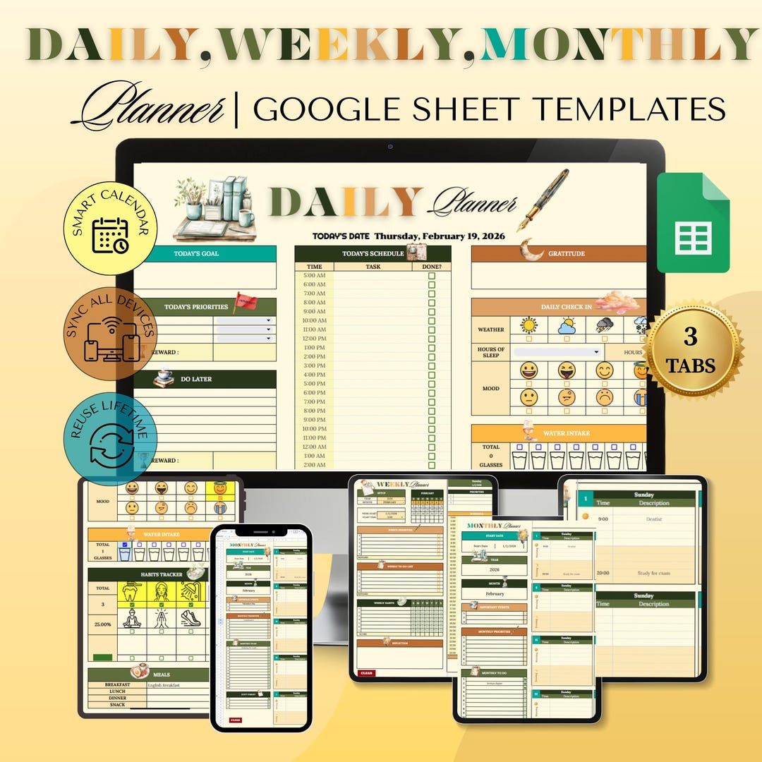 Daily, Weekly, Monthly Planner, Digital Planner Spreadsheet, Task ...