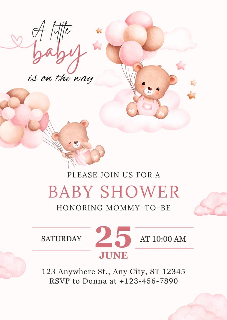 Pink Teddy Bear Baby Shower Invitation Template | Boy Baby Shower ...