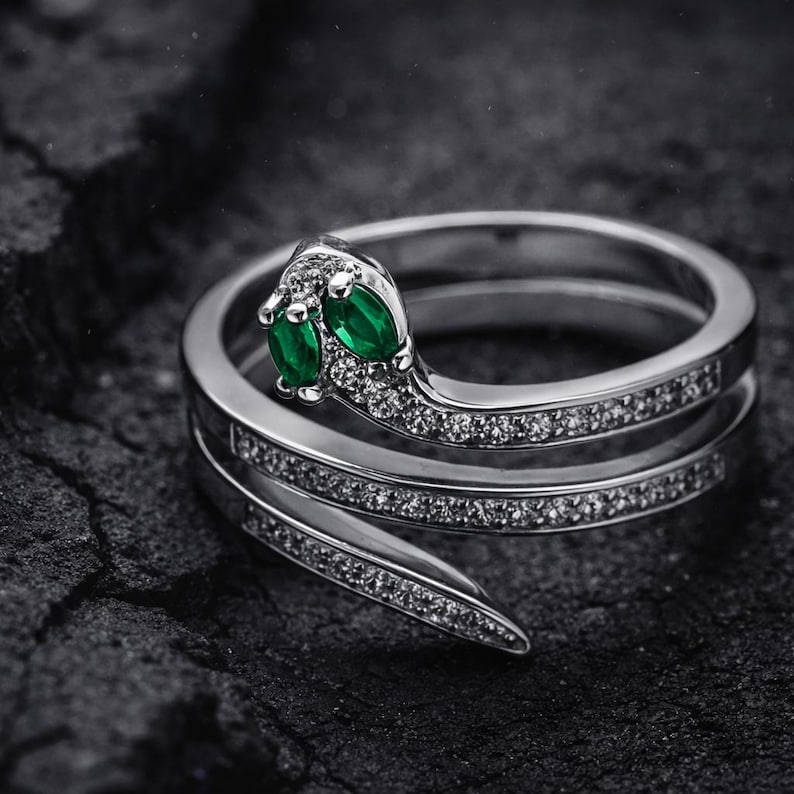 Emerald Snake Ring, Adjustable Gold or Silver Serpent Wrap Ring, Green ...