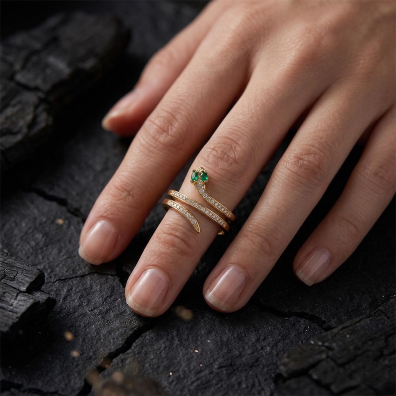 Emerald Snake Ring, Adjustable Gold or Silver Serpent Wrap Ring, Green ...