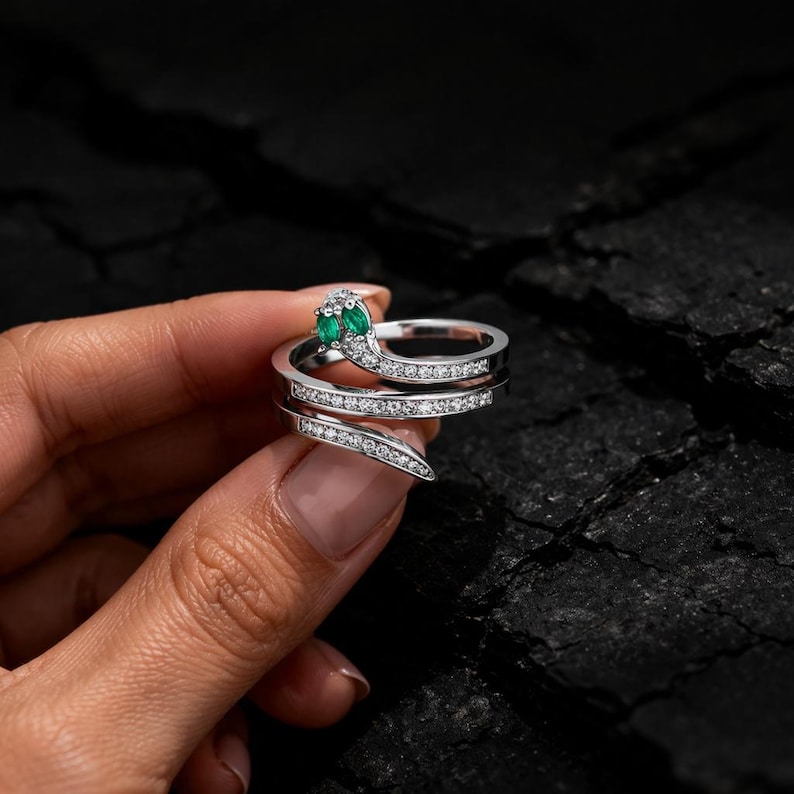 Emerald Snake Ring, Adjustable Gold or Silver Serpent Wrap Ring, Green ...