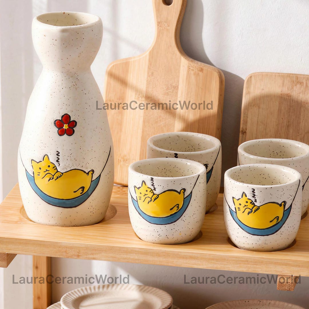 Japanese Cat Sake Set Ceramic Tokkuri Cups Wabi Sabi Gift Set - Etsy
