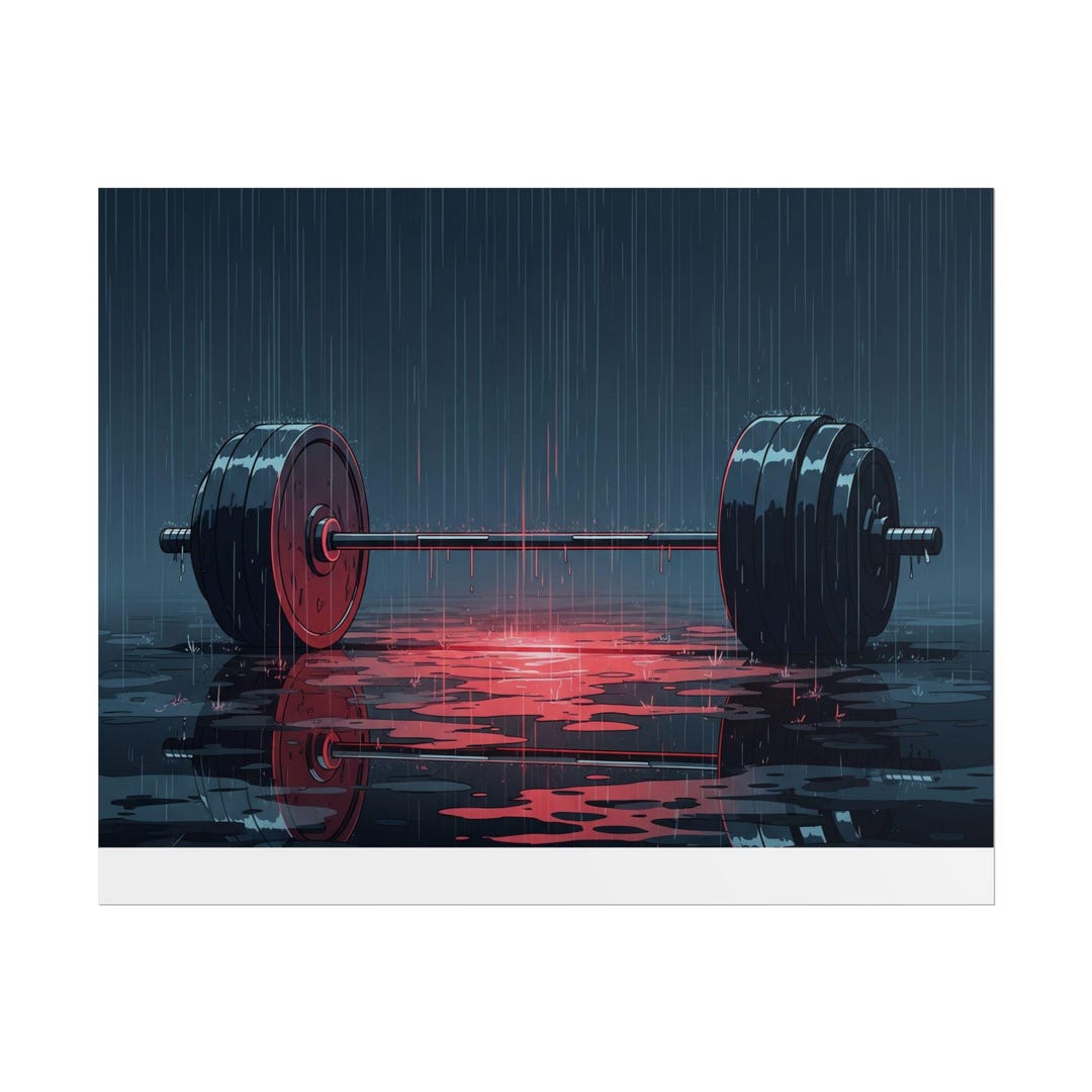 Barbell in Rain Poster - Dark Aesthetic Gym Wall Art - Cinematic Anime ...