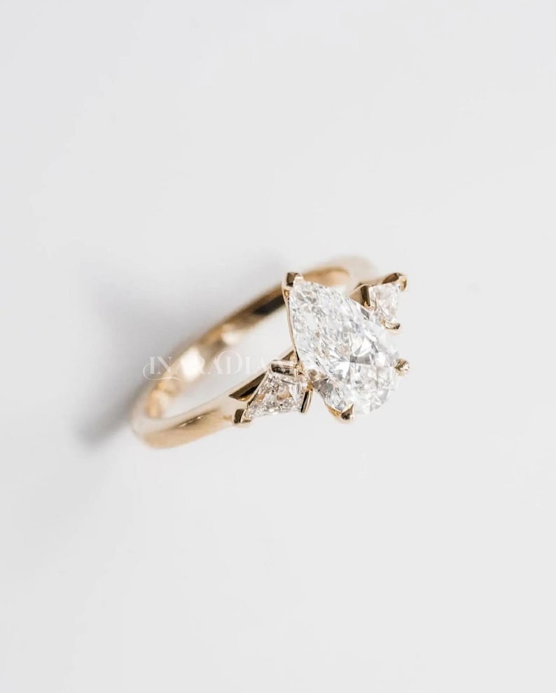 2ct Pear Cut Lab Grown Diamond 14K Yellow Gold Three Stone Engagement ...