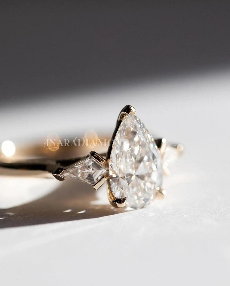2ct Pear Cut Lab Grown Diamond 14K Yellow Gold Three Stone Engagement ...