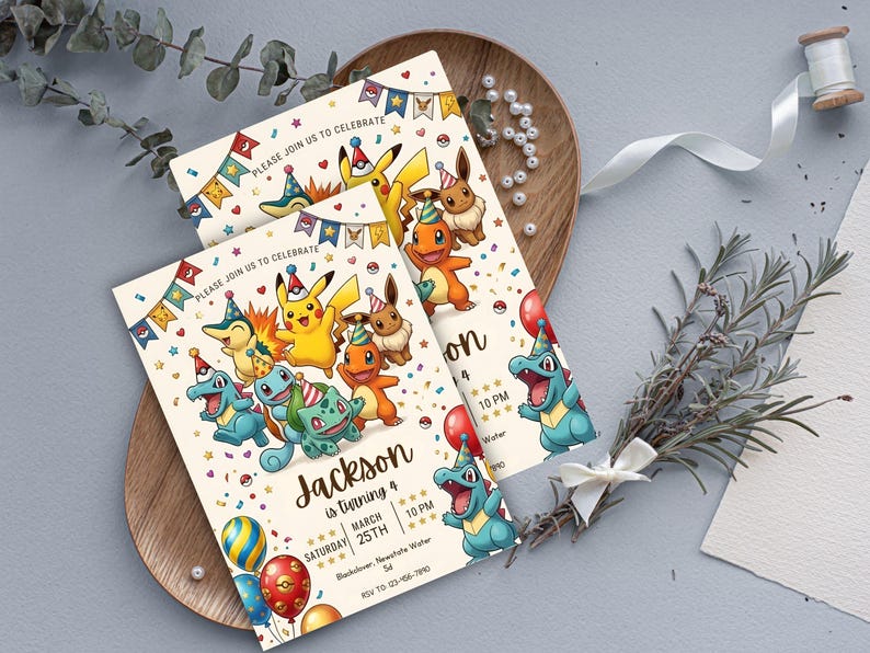 Editable Pokémon Birthday Invitation for Boys, Pikachu Theme Party ...