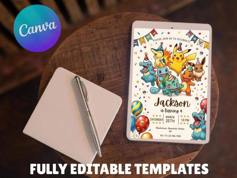 Editable Pokémon Birthday Invitation for Boys, Pikachu Theme Party ...