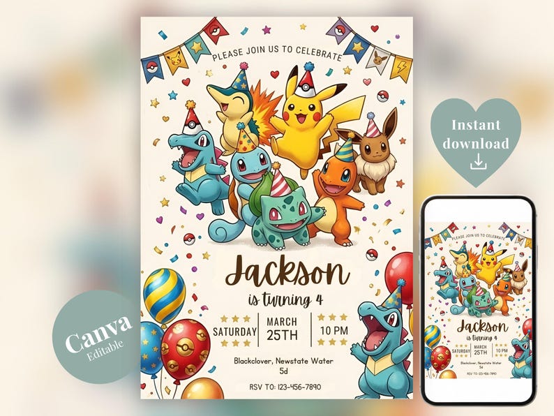 Editable Pokémon Birthday Invitation for Boys, Pikachu Theme Party ...