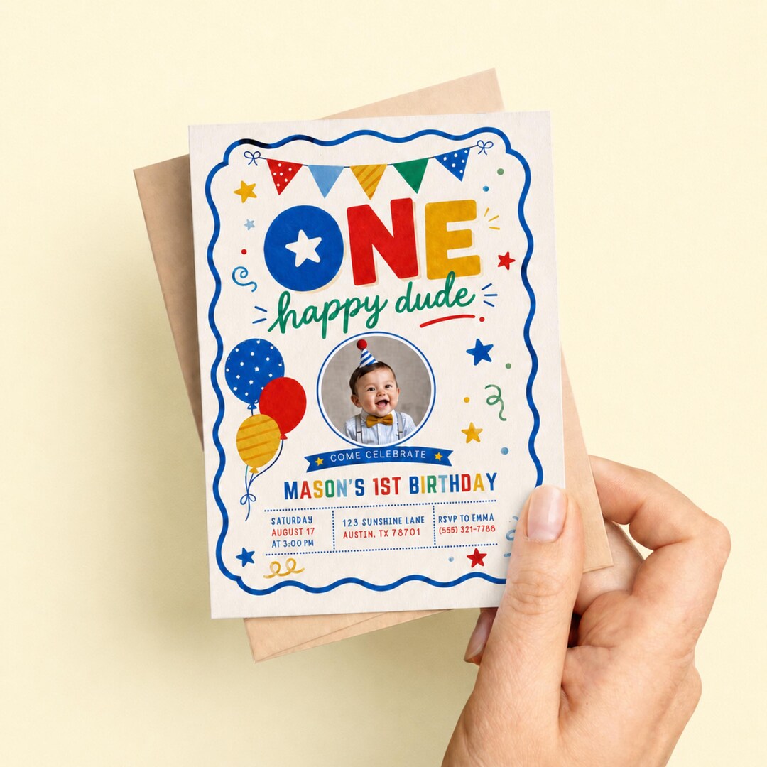 One Happy Boy 1st Birthday Invitation, Photo Invite (digital Download ...