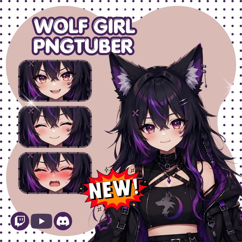 Black Wolf Girl Pngtuber, Anime Pngtuber Model, Premade Pngtuber for ...