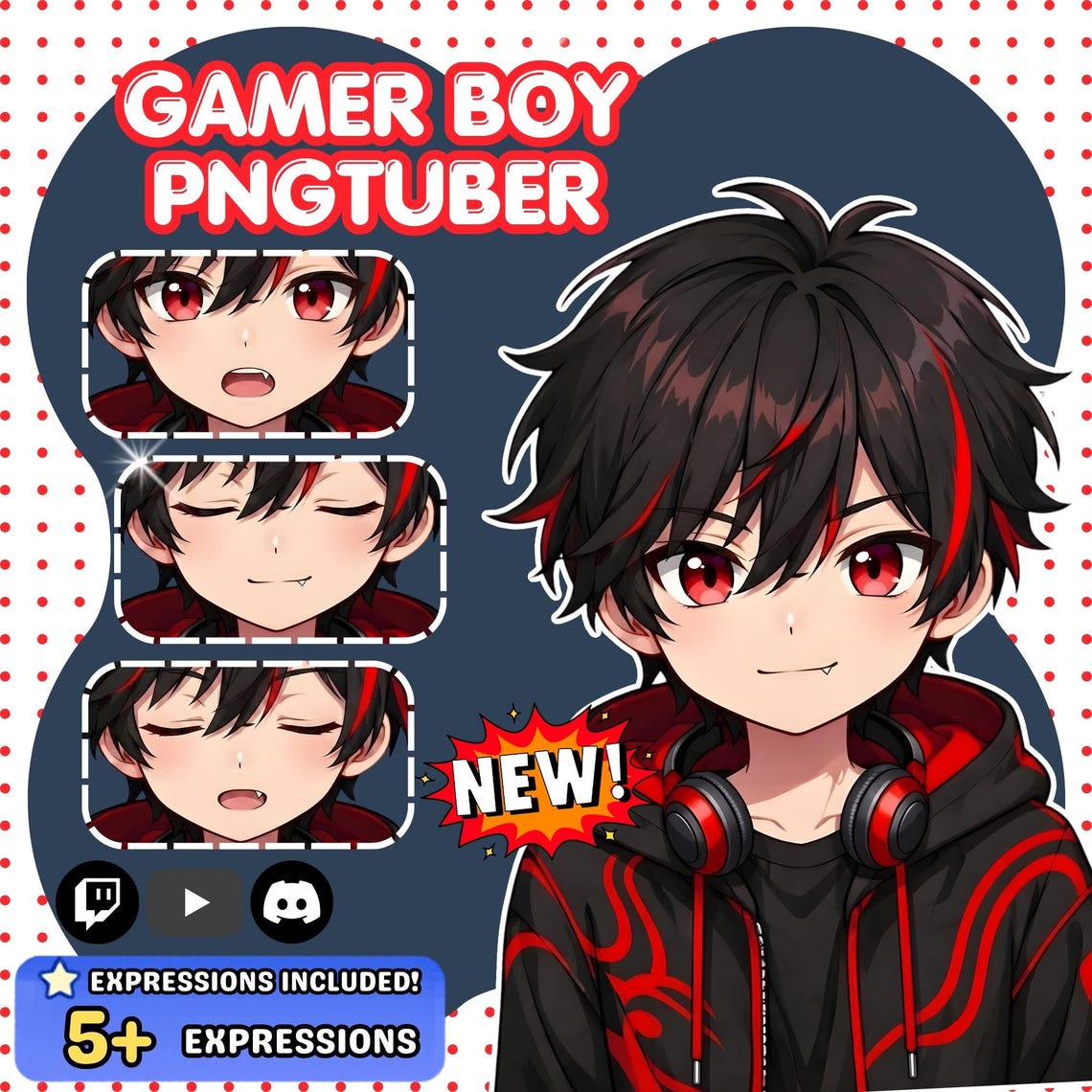 Anime Gamer Boy Pngtuber Avatar: Red Eyes, Black Hair Devil Boy ...