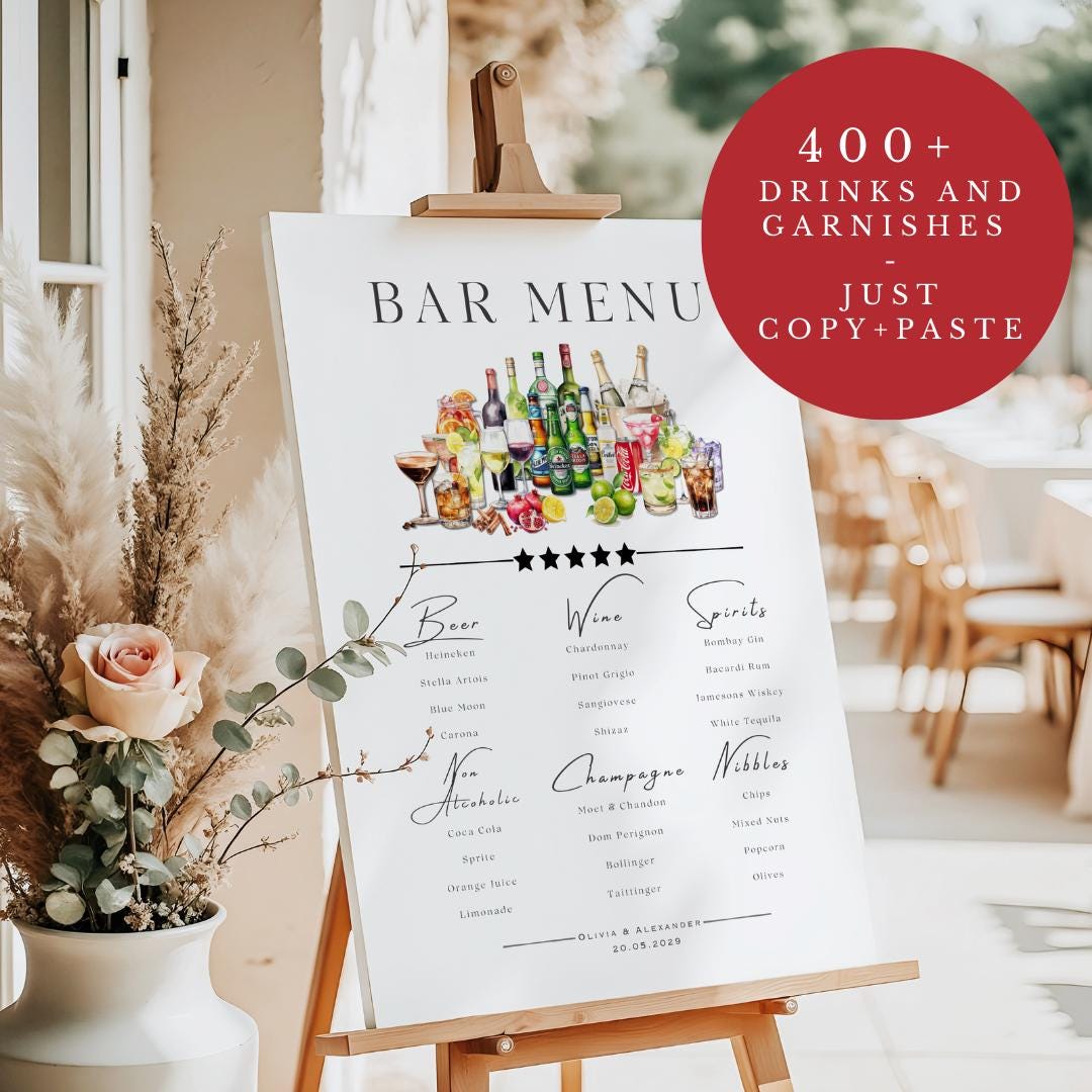 Wedding Bar Menu Template Modern Editable Wedding Couples Drink Menu ...