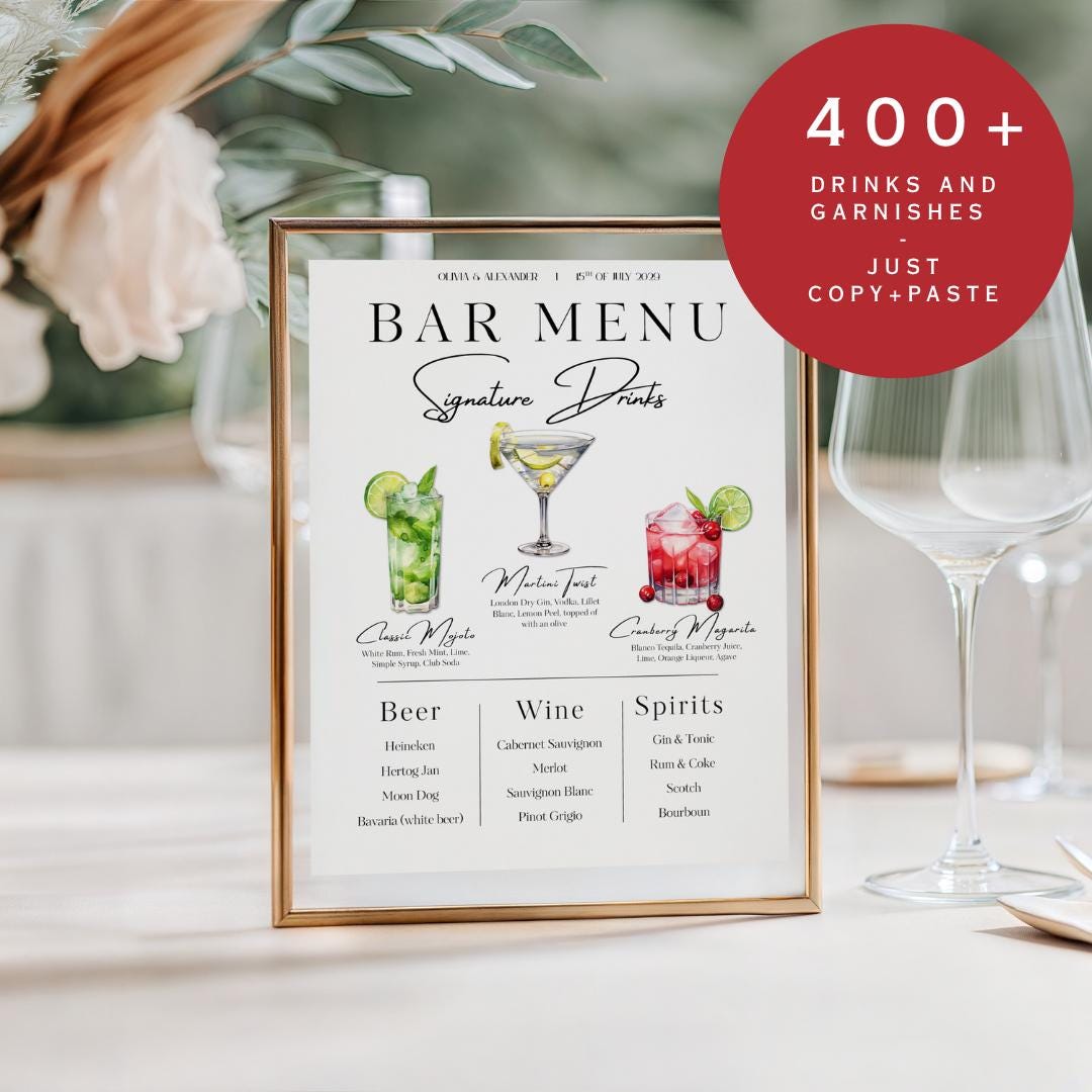 Wedding Bar Menu Template Bar Menu Wedding Sign Editable Signature ...