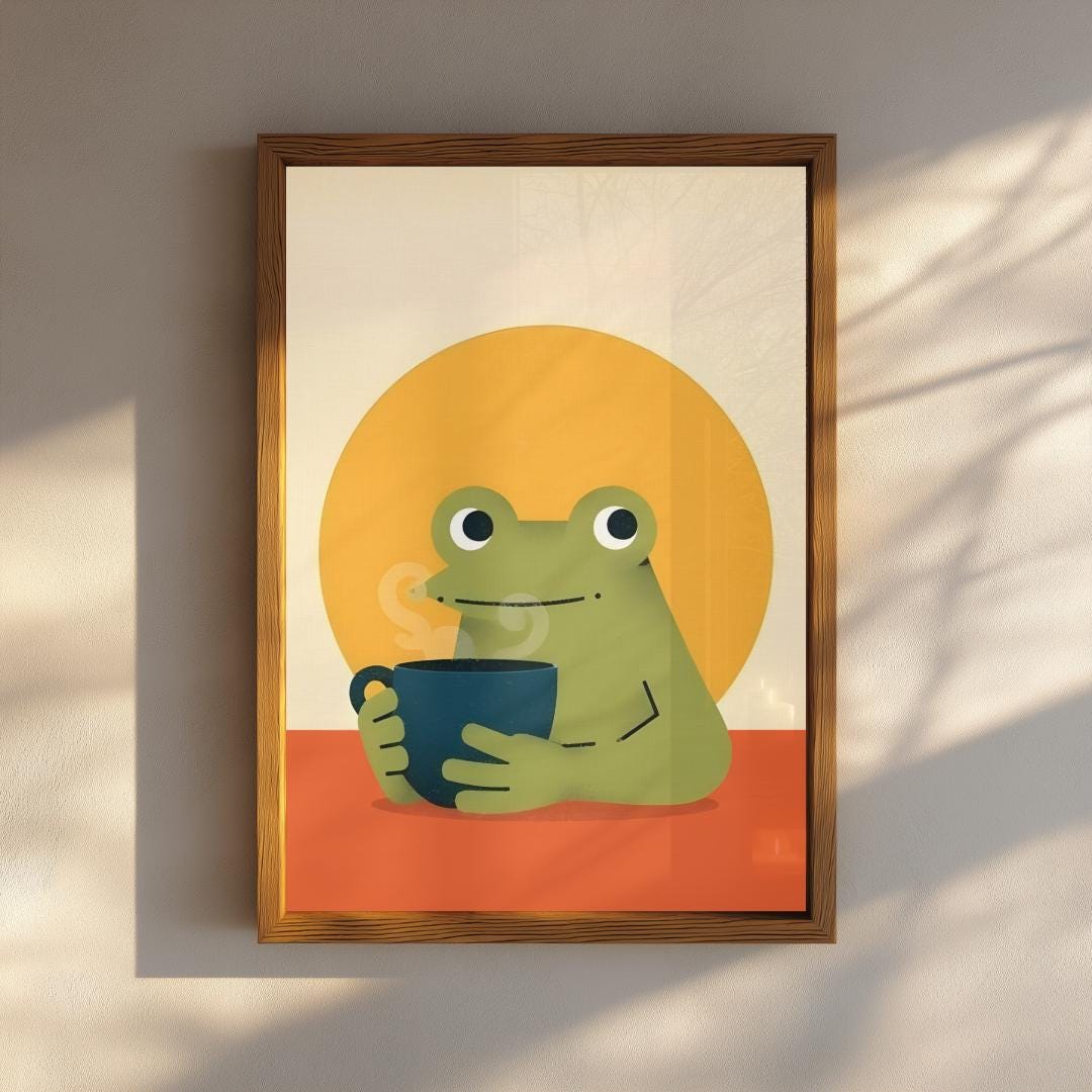 Frog Drinking Coffee Wall Art Print Retro Frog Cozy Illustration ...