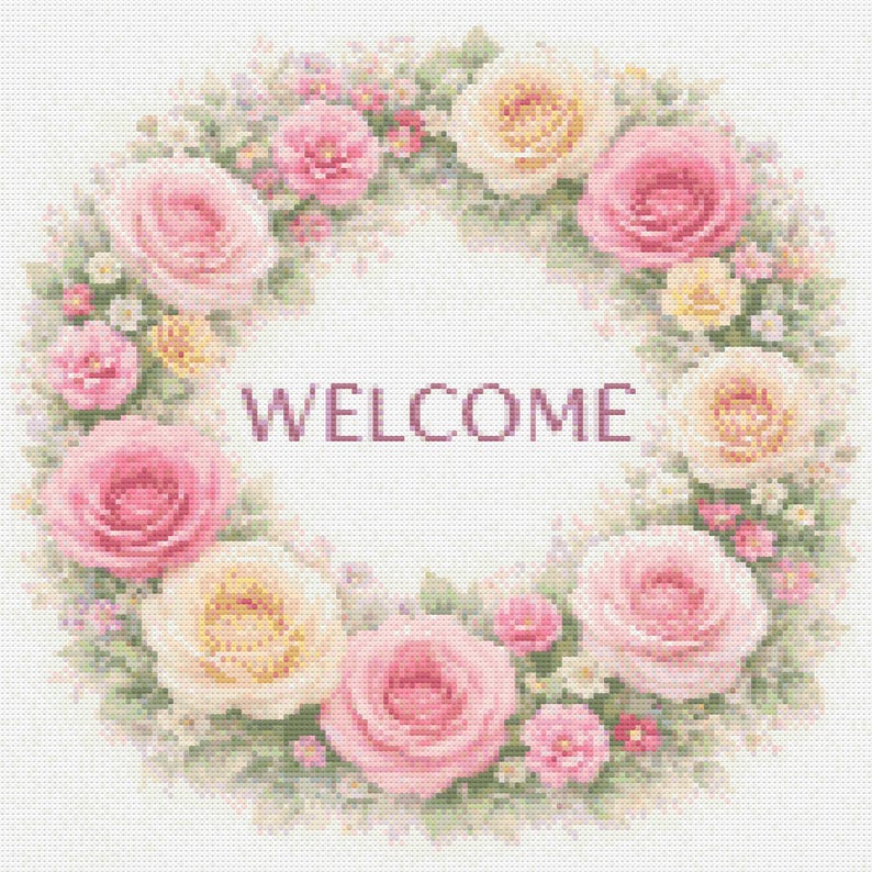 Soft Pink Floral Wreath Cross Stitch Pattern, Romantic Rose Embroidery ...
