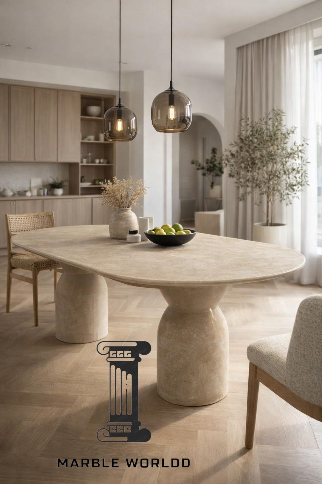 Handmade Oval Travertine Dining Table – Modern Minimalist Pedestal ...