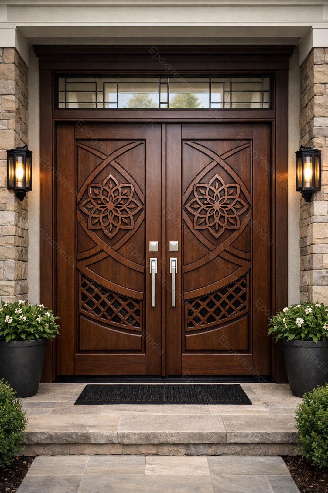 Custom Architectural Wood Entry Door, Mandala Carved Double Door ...