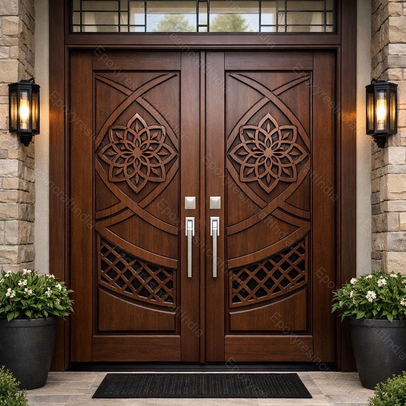 Custom Architectural Wood Entry Door, Mandala Carved Double Door ...