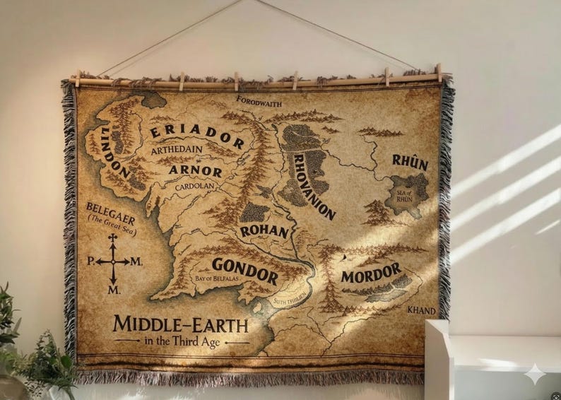 Woven Middle Earth Map Blanket – Third Age Fantasy Throw Rug Vintage ...
