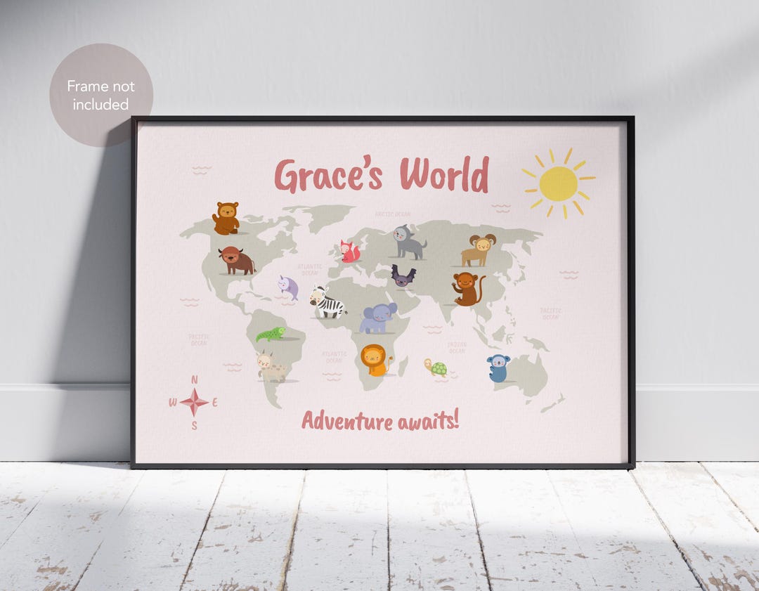 Personalised World Map Print, Nursery Animal Wall Art, Custom Name Name ...