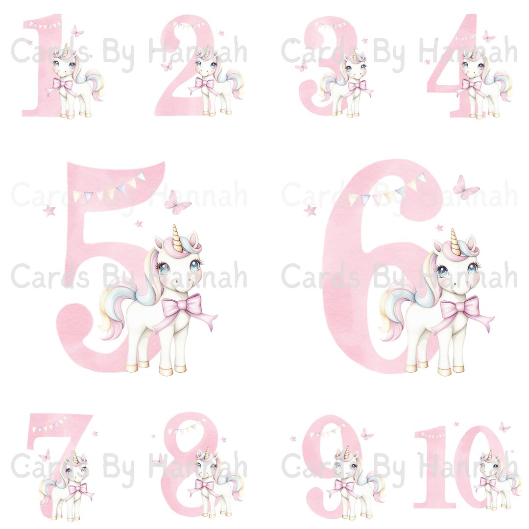 Unicorn Numbers 1–10 Clipart Bundle PNG | Pastel Watercolor | Card ...