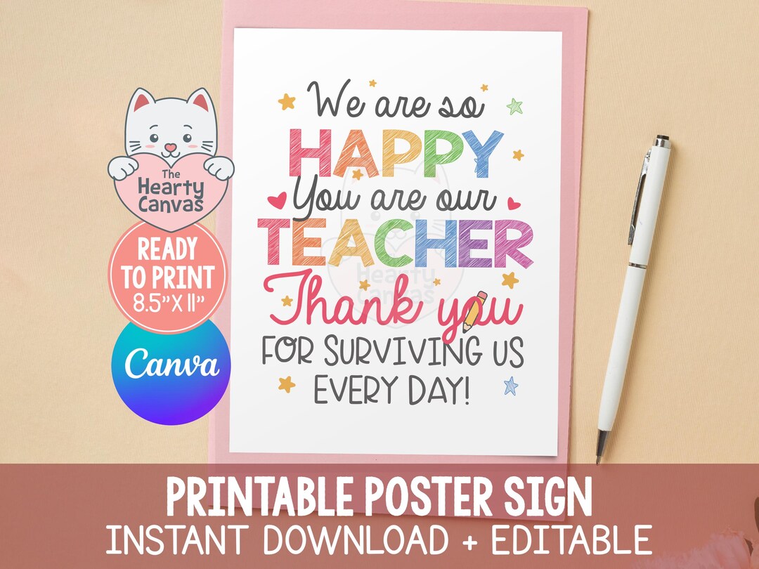 Funny Teacher Thank You Sign, Printable Teacher Appreciation Week Decor ...