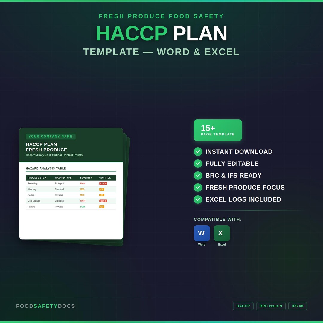 HACCP Plan Template Fresh Produce | Word + Excel Monitoring Forms | BRC ...