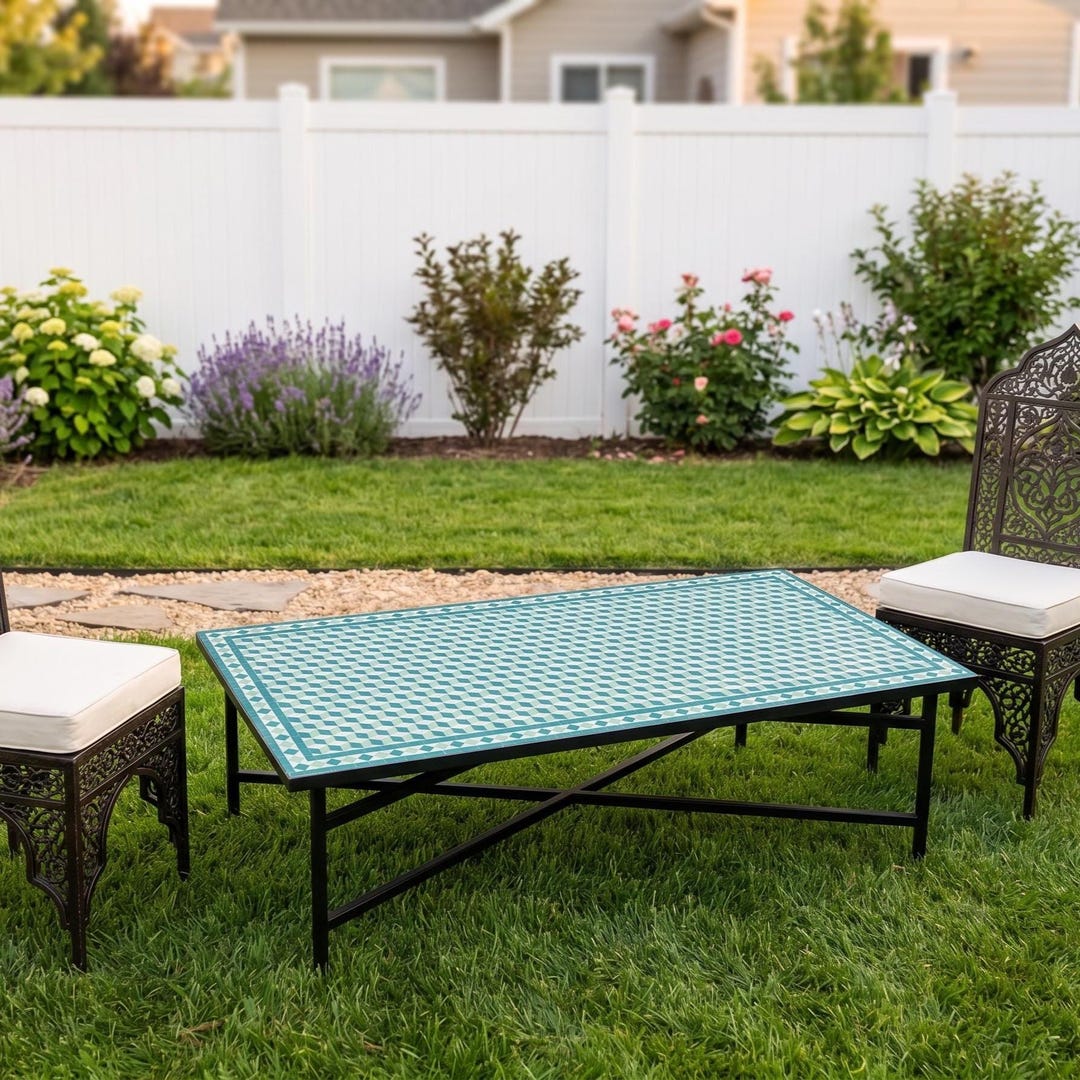 Rectangular Moroccan Tile Table for Patio, Hand-cut Mosaic Outdoor ...