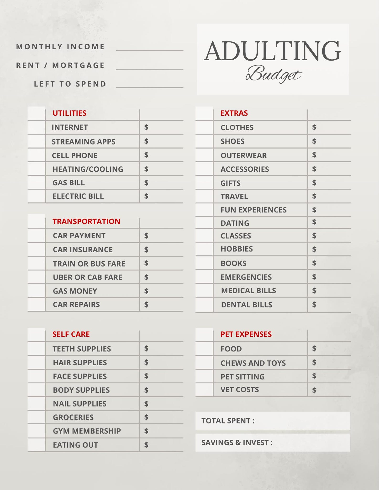 Adulting Monthly Budget - Etsy